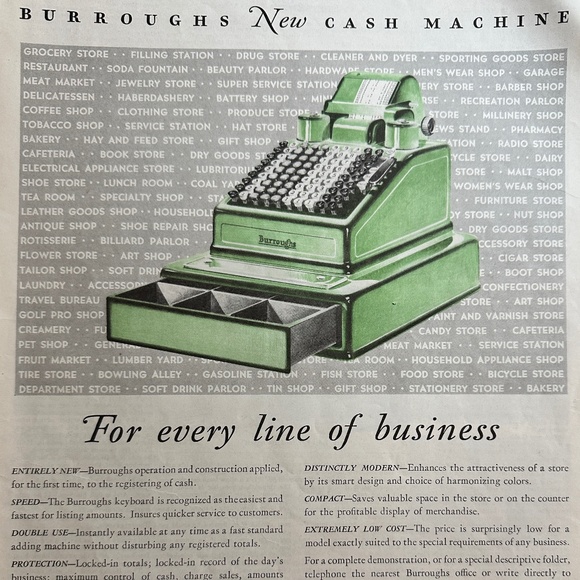 Burroughs | Art | Vintage Cash Register Print Ad Burroughs Brand Green ...